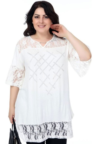 Dantel Detaylı V Yaka Önü Taş Baskılı Kısa Kol Yırtmaçlı Bluz