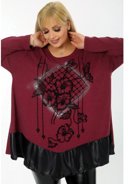 Çiçek Taş Işlemeli Eteği Derili Uzun Kol Dökümlü ve Rahat Tunik