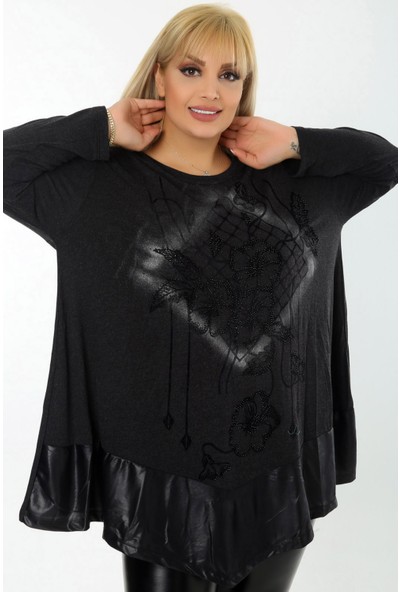 Çiçek Taş Işlemeli Eteği Derili Uzun Kol Dökümlü ve Rahat Tunik