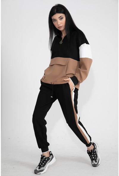 VprModa Atlas Kumaş Kanguru Cep Kadın Eşofman Takımı