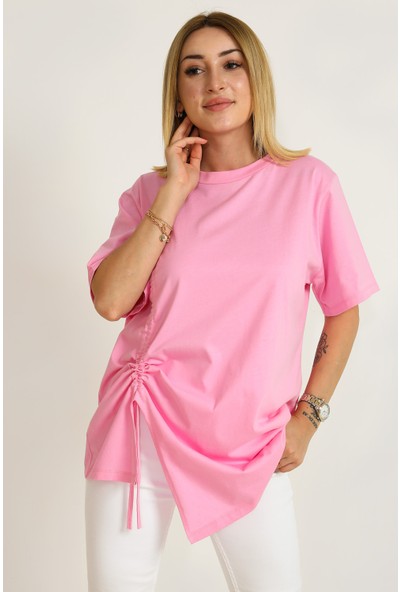 VprModa Bisiklet Yaka Yanı Büzgülü Kadın Tişört