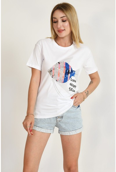 VprModa Bisiklet Yaka Önü Balık Pul Işleme Kadın Tişört