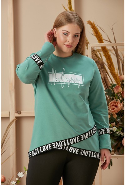 Rmg Asimetrik Şerit Detaylı Baskılı Büyük Beden Yosun Sweatshirt