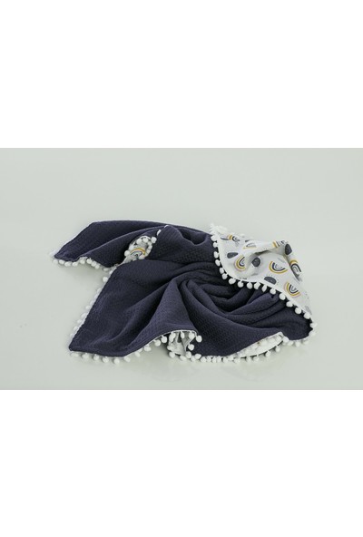 Her Bebek Çift Taraflı Ponponlu Bebek Battaniyesi -Mavi Güneş