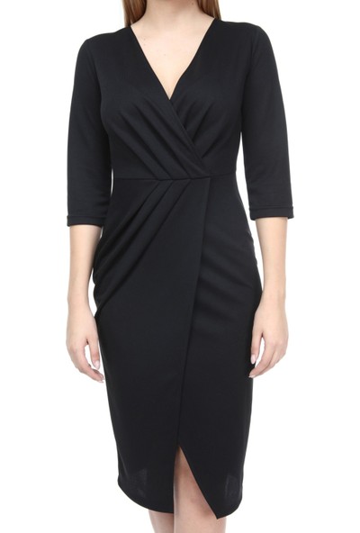 Avver Kadın Siyah Pileli Mila Kumaş Kruvaze Elbise