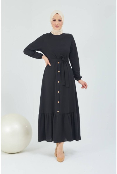 Burcu Tesettür Eteği Düğme Aksesuarlı Elbise TKM3001 Siyah