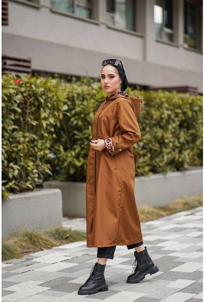 Leopar Detaylı Kapşonlu Trenç MDR10620 Taba
