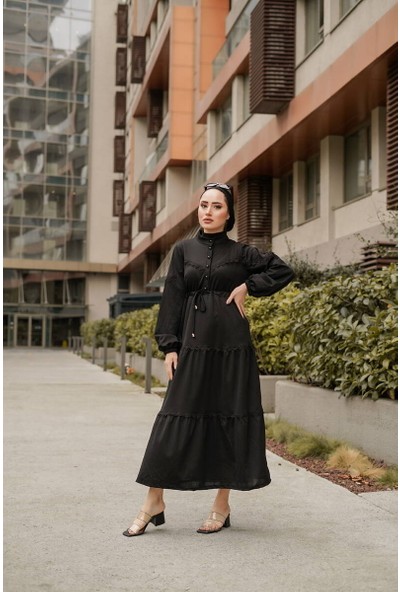 Burcu Tesettür Güpür Detay Balon Kol Elbise BRC10349 Siyah