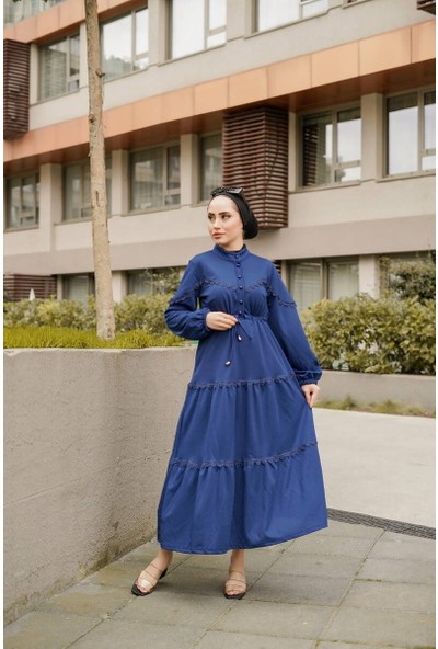 Burcu Tesettür Güpür Detay Balon Kol Elbise BRC10349 Indigo