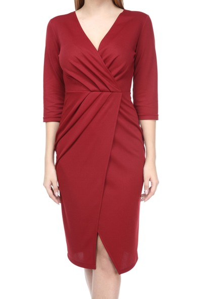 Avver Kadın Bordo Pileli Mila Kumaş Kruvaze Elbise