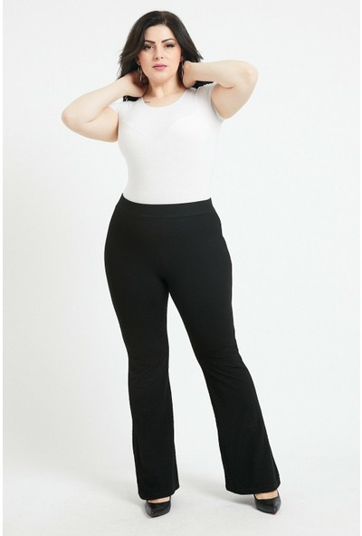 Siyah Kadın Siyah Büyük Beden Ispanyol Paça Çelik Örme Kumaş Toparlayıcı Esnek Tayt Pantolon - XXL00002