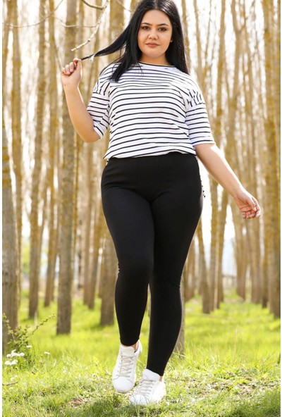 Siyah Kadın Siyah Çelik Örme Kumaş Toparlayıcı Esnek Büyük Beden Tayt Pantolon - XXL00004