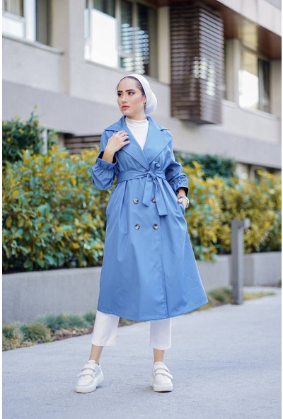 Burcu Tesettür Kolu Lastik Detaylı Trenç MDR10067 Indigo Burcu Tesettür Kolu Lastik Detaylı Trenç MDR10067 Indigo