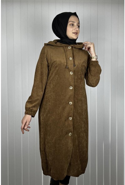 Deneme Kabinim Giy Çık Kuşak Kemerli Çizgili Kumaş Kapüşonlu Kadife Trençkot Taba