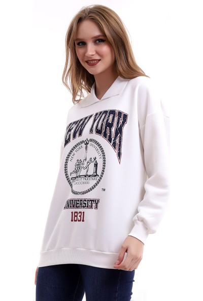 TheCey's The Cey's Oversize New York Baskılı Polo Yaka Beyaz Sweatshirt