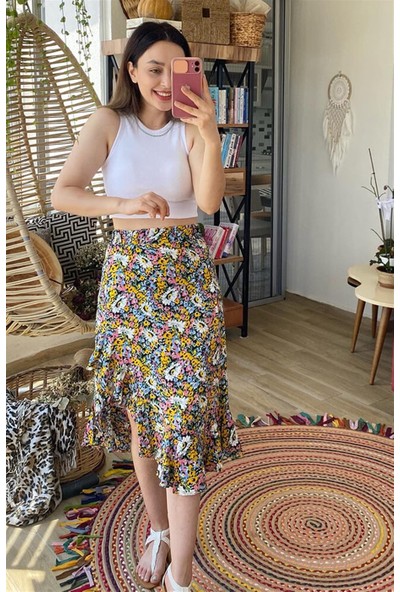 Çiğdem Sonkur Yüksek Bel Fırfırlı Etek Sarı