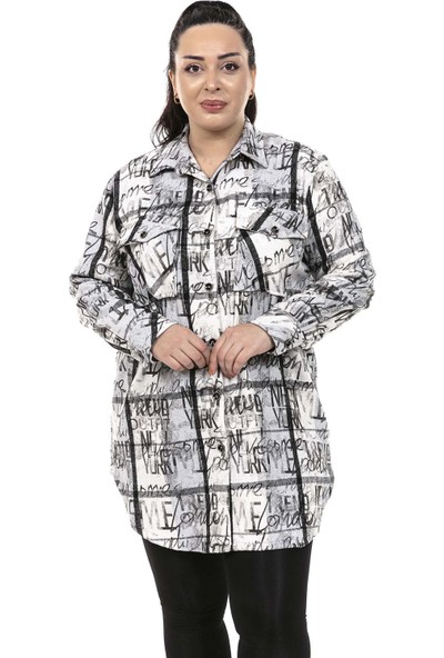 Disentis Modest Büyük Beden Cepli Yanları Yırtmaçlı Baskılı Gri Ceket Gömlek