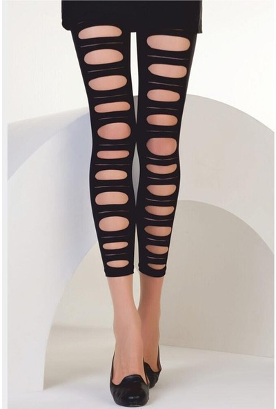 Forzuzu Kadın Siyah Yırtık Desenli Kapri Tayt Stil Seksi Çorap