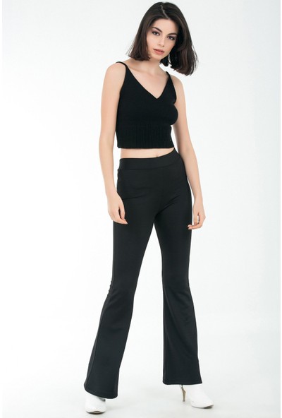 Siyah Kadın Siyah Ispanyol Paça Yüksek Bel Scuba Kumaş Esnek Tayt Pantolon - GİY00030