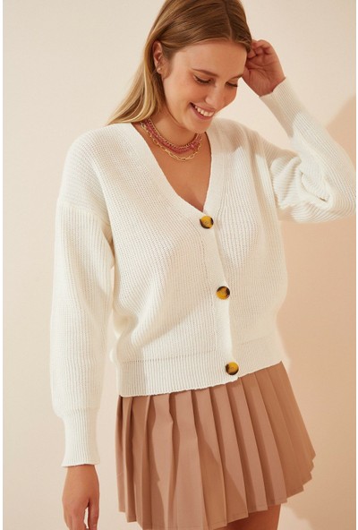 Siyah Kadın Ekru Yumuşak Dokulu Üç Düğmeli Selanik Örgü Esnek Salaş Triko Hırka - GİY00027