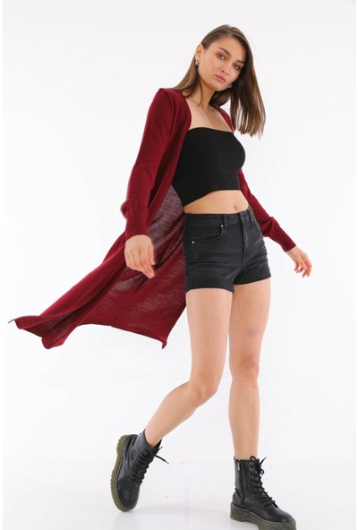 Siyah Kadın Bordo Mevsimlik Salaş Uzun Hırka - GİY00034