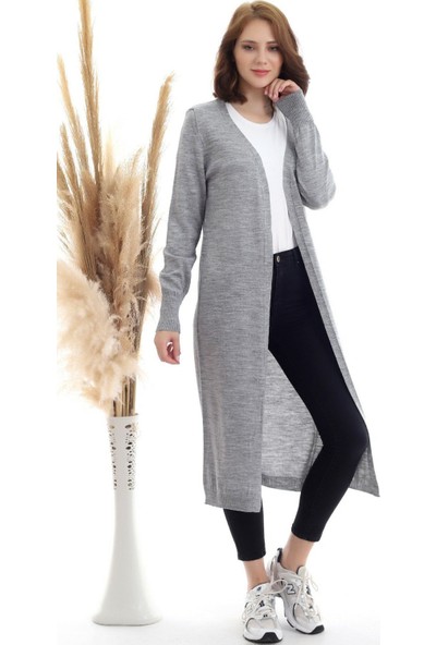 Siyah Kadın Gri Mevsimlik Salaş Uzun Hırka - GİY00034