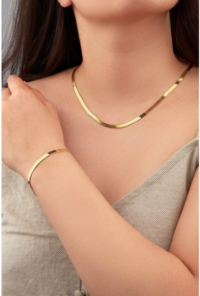 TMT Gümüş Yassı Italyan Ezme Zincir Altın Yaldız Kaplama Kolye ve Bileklik Set