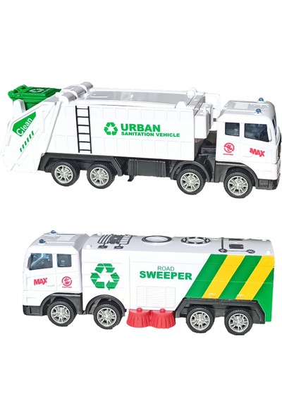 Pop Şeker Çöp Kamyonu ve Yol Temizleme Aracı Sürtmeli Özellikli 17 Cm. Oyuncak Temizlik Araçları Seti