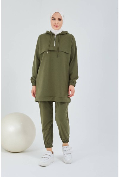 Burcu Tesettür Önden Yarım Fermuarlı Eşofman Takımı TRN1019 Haki