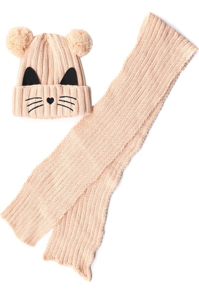 Polaris Kedı Ponpon Atkı-Bere Set Yavruağzı Kız Çocuk Atkı-Bere