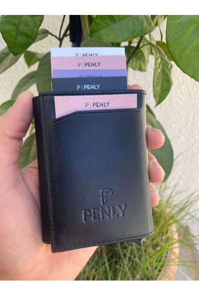 Penly Fermuarlı Siyah Hakiki Deri Cüzdan