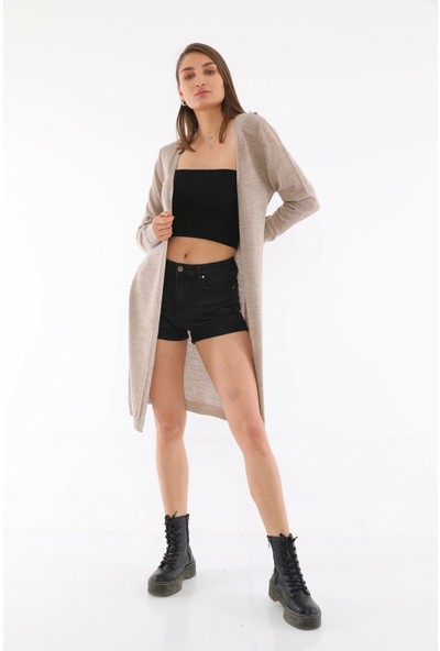 Siyah Kadın Vizon Mevsimlik Salaş Uzun Hırka - GİY00034