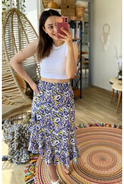 Çiğdem Sonkur Yüksek Bel Fırfırlı Etek Mavi