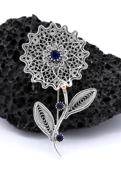 Akyüz Gümüş Çiçek Işlemeli Telkari Gümüş Broş