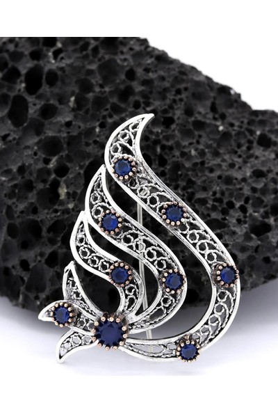Akyüz Gümüş Kök Safir Taşlı Telkari Gümüş Broş