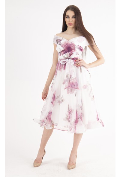 Feminist Fuşya Kayık Yaka Çiçek Desenli Abiye&mezuniyet Elbisesi 9704819.12
