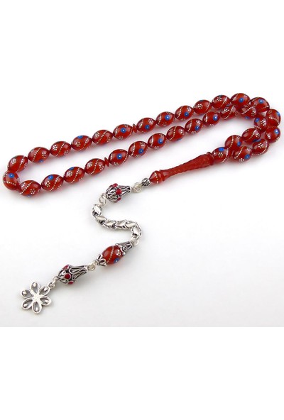 Tesbih Rüyası Gümüş Işleme Oyma Imameli Kehribar Tesbih