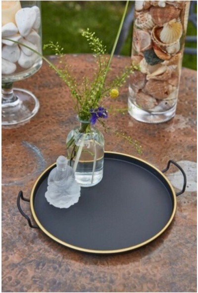 Anadolu Saray Çarşısı Altın Kenarlı Siyah Country Tarzı Dekoratif Tepsi