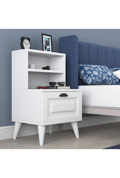 Rani BD105 Modern Ayaklı Raflı Çekmeceli Komodin Beyaz