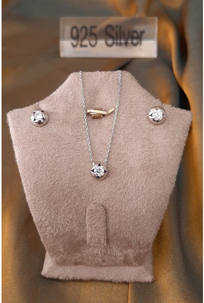 Palmiero Zirkon Taşlı Küpe Kolye Gümüş Set