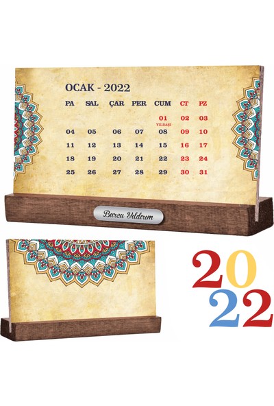 İsme Özel 2022 12 Ay Ahşap Masa Takvimi