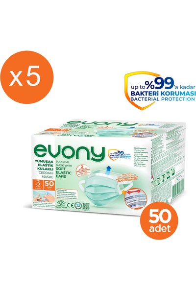 Evony Yumuşak Elastik Kulaklı Maske 50'li 5 Adet Evony Yumuşak Elastik Kulaklı Maske 50'li 5 Adet