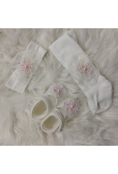 Caprice 100 Pamuk Kız Bebek Taşlı Çiçekli Ayakkabı & Saç Bandı & Kilotlu Çorap 3'lü Set