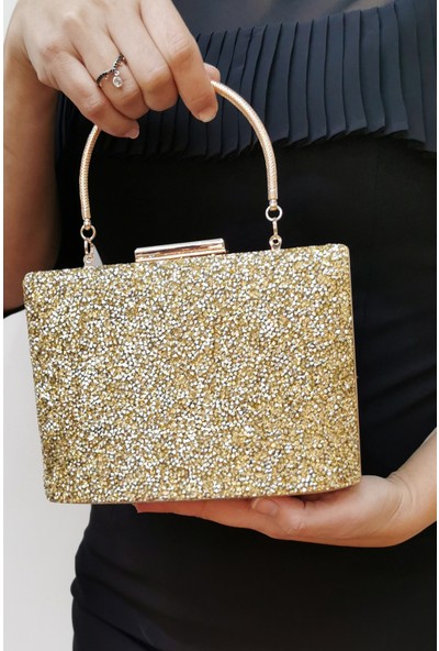 Nazart Kadın Taşlı Altın Gold Abiye Clutch Portföy Kadın Gece Çantası