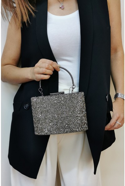 Nazart Kadın Taşlı Platin Abiye Clutch Portföy Kadın Gece Çantası