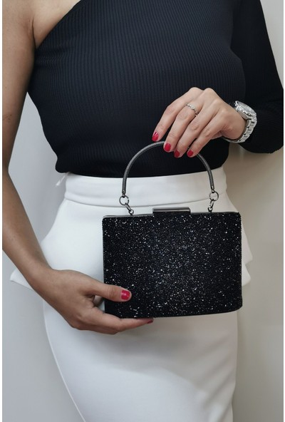 Nazart Kadın Taşlı Siyah Abiye Clutch Portföy Kadın Gece Çantası