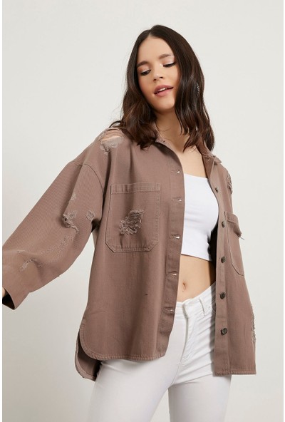 Armalife Yırtık Görünümlü Gabardin Gömlek Ceket Armalife Yırtık Görünümlü Gabardin Gömlek Ceket