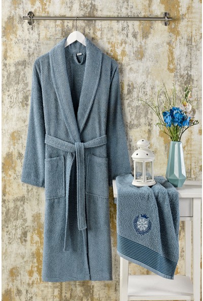 GA Madame Home Havlulu Bornoz 2li Set %100 Pamuklu-Mavi GA Madame Home Havlulu Bornoz 2li Set %100 Pamuklu-Mavi