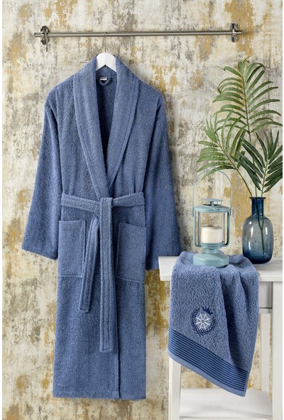 GA Madame Home Havlulu Bornoz 2li Set %100 Pamuklu-Lacivert GA Madame Home Havlulu Bornoz 2li Set %100 Pamuklu-Lacivert