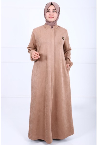 Kadın Bej Fermuarlı Büyük Beden Süet Pardesü- 8403 Kadın Bej Fermuarlı Büyük Beden Süet Pardesü- 8403